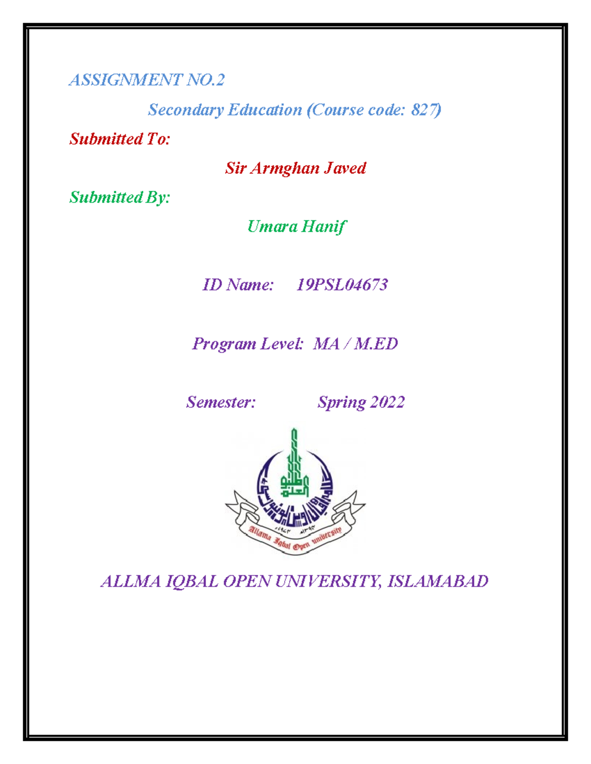 Secondary education - ASSIGNMENT NO. Secondary Education (Course code ...