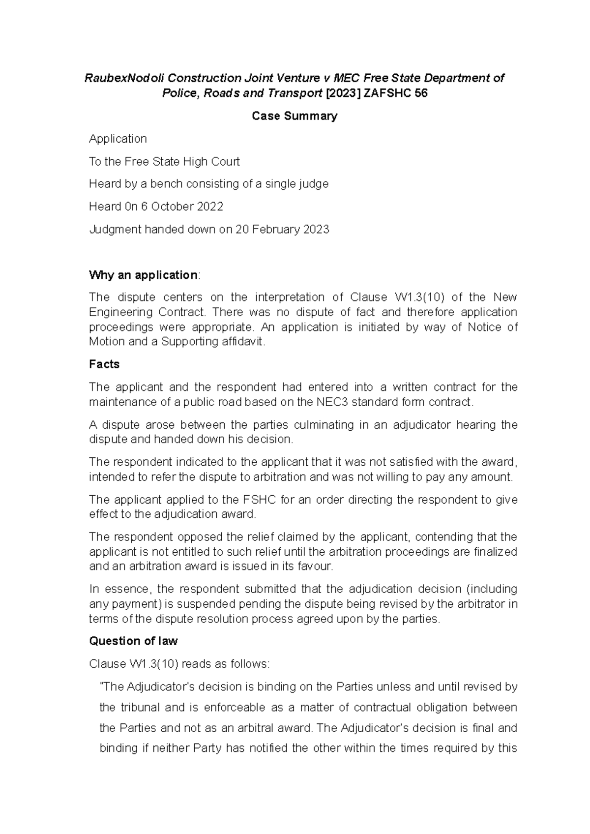 Raubex Nodoli Construction Joint Venture v MEC Free State Department of ...