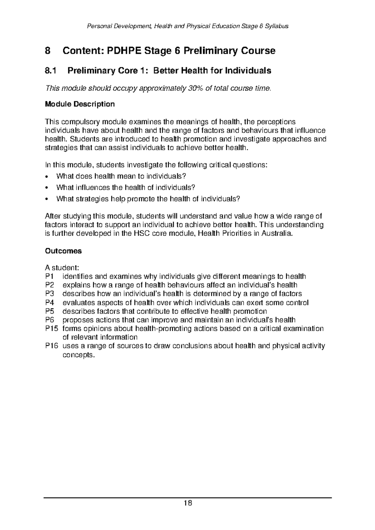 Pdhpe print - Pe notes - 8 Content: PDHPE Stage 6 Preliminary Course 8 ...