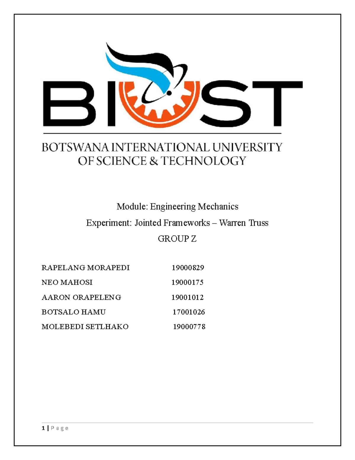 Statics LAB Report - Module: Engineering Mechanics Experiment: Jointed ...