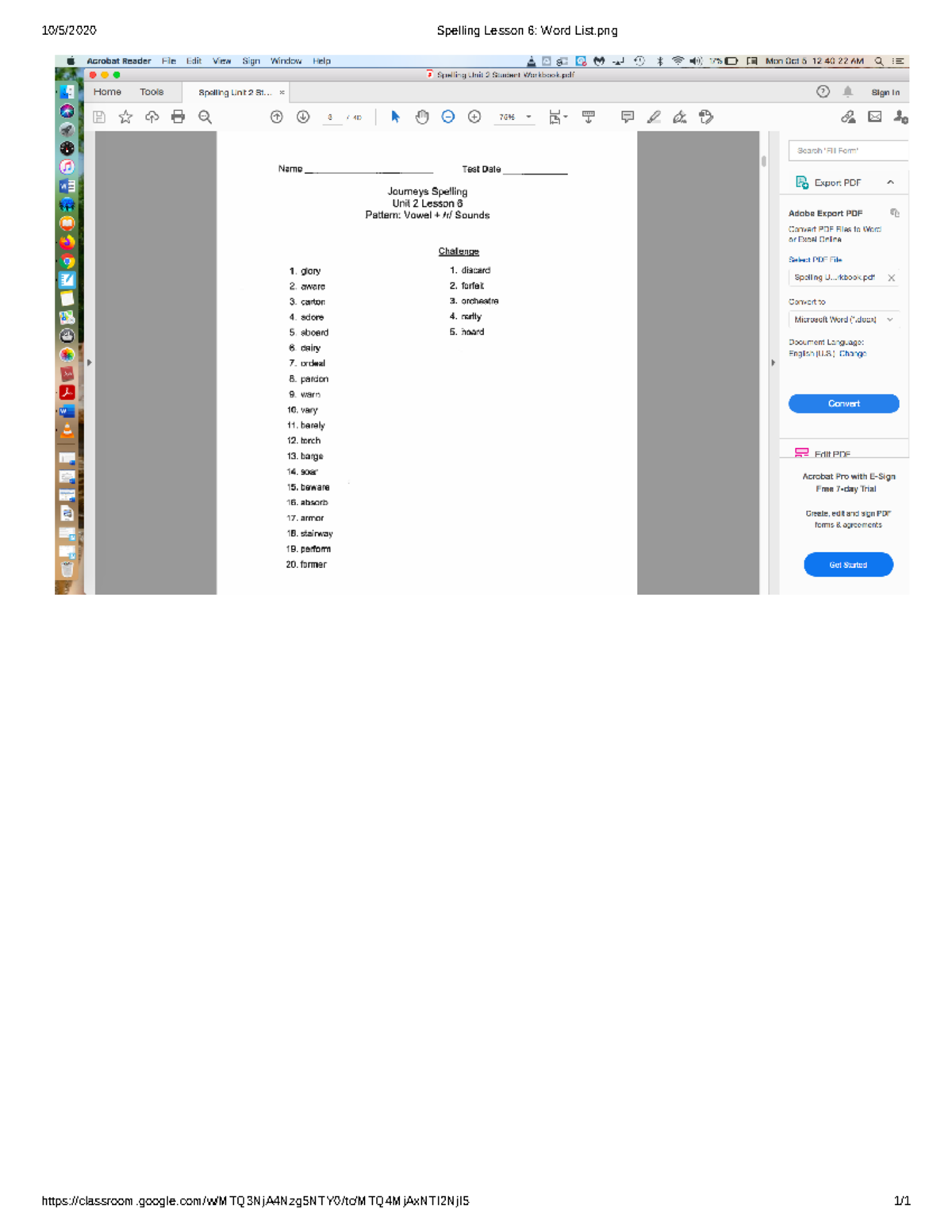 Spelling Lesson 6 Word List - Spelling Lesson 6: Word List Acrobat Reader File Edit View Sign ...