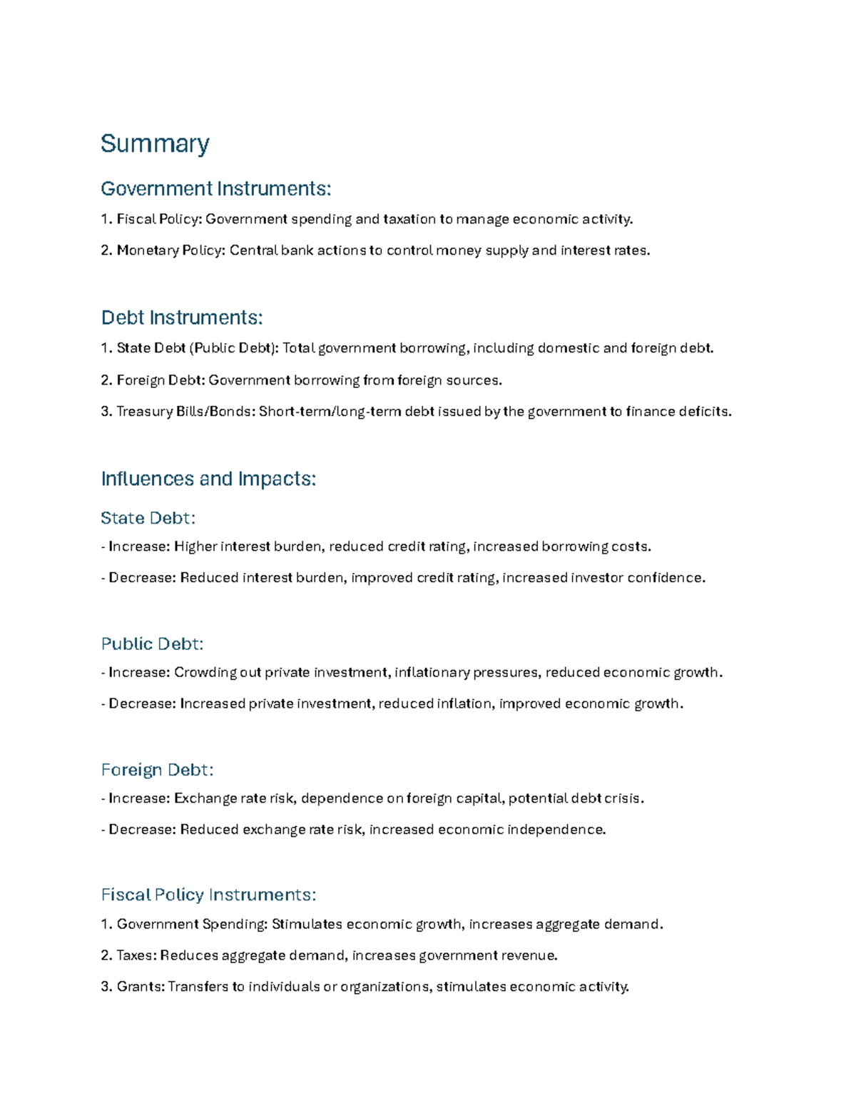 Government Instruments - Summary Government Instruments: Fiscal Policy ...
