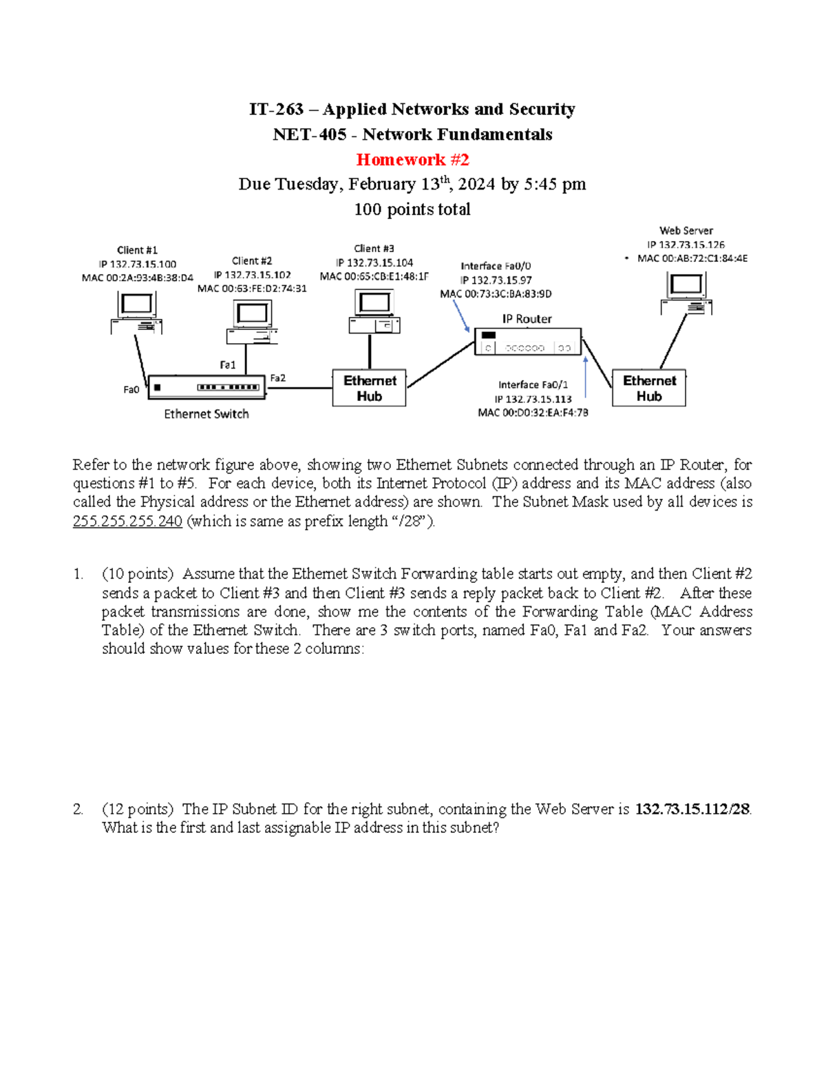 IT-263 NET-405 Homework 2 Questions - IT-263 – Applied Networks and Security NET-405 - Network ...