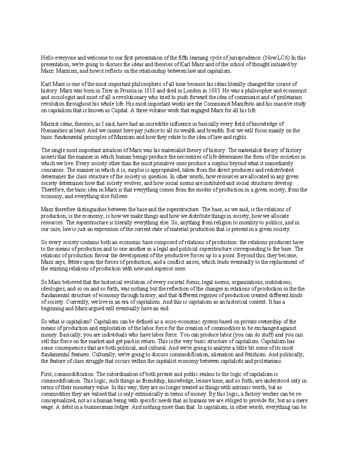 Critical-Legal-Theory-Marx transcript - Hello everyone and welcome to our first presentation of ...