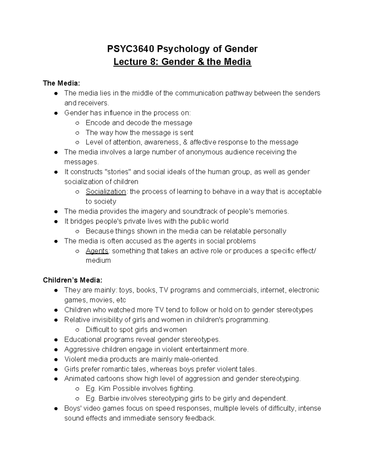 PSYC3640 Psychology of Gender: Lecture 8 (Gender & the Media ...