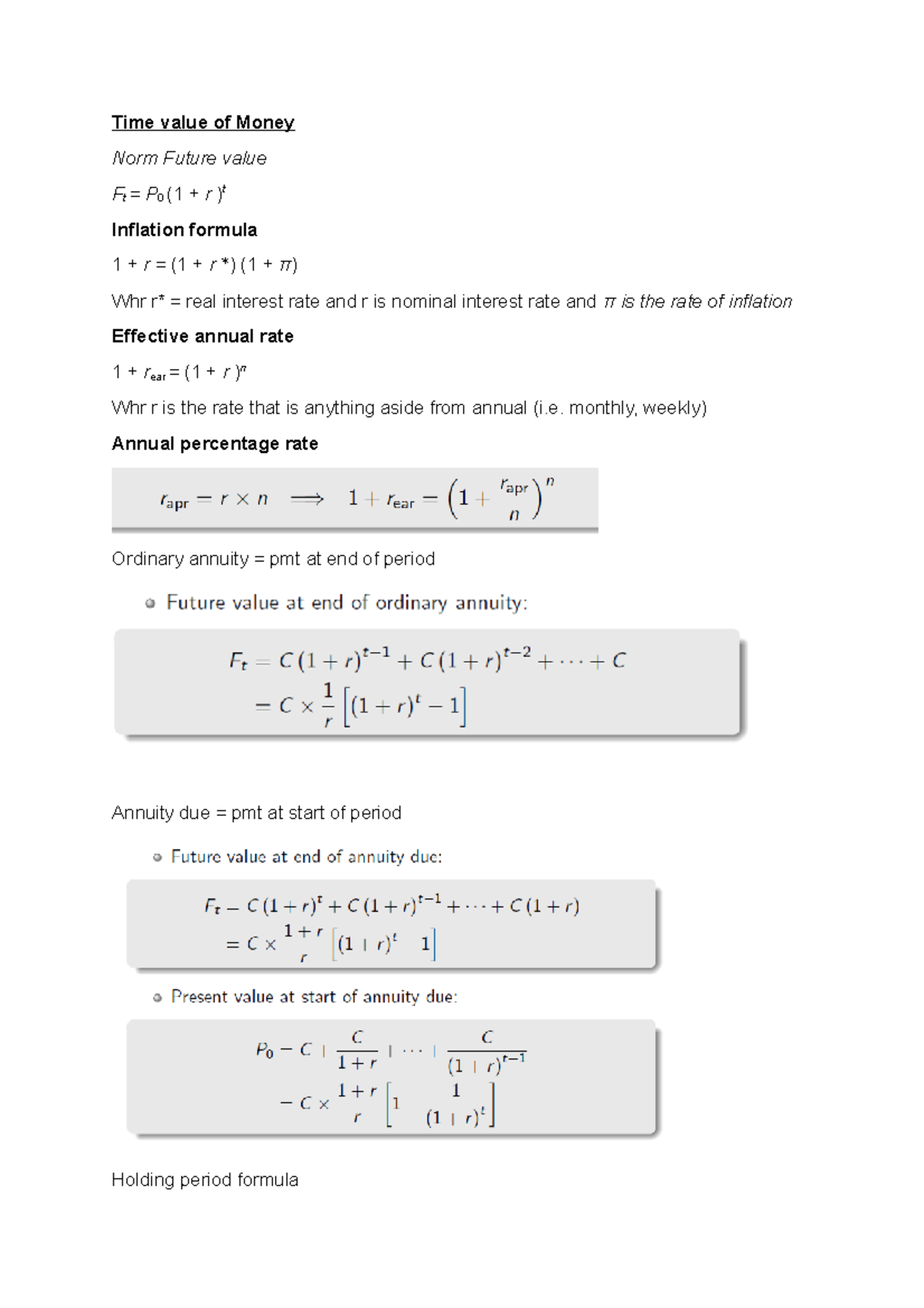 Revamped formula sheet - Time value of Money Norm Future value Ft = P 0 ...