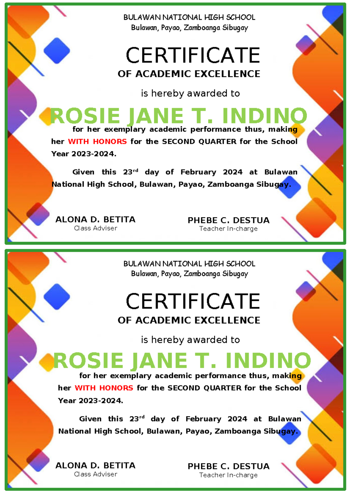 Second Quarter CERT - ROSIE JANE T. INDINO CERTIFICATE OF ACADEMIC ...