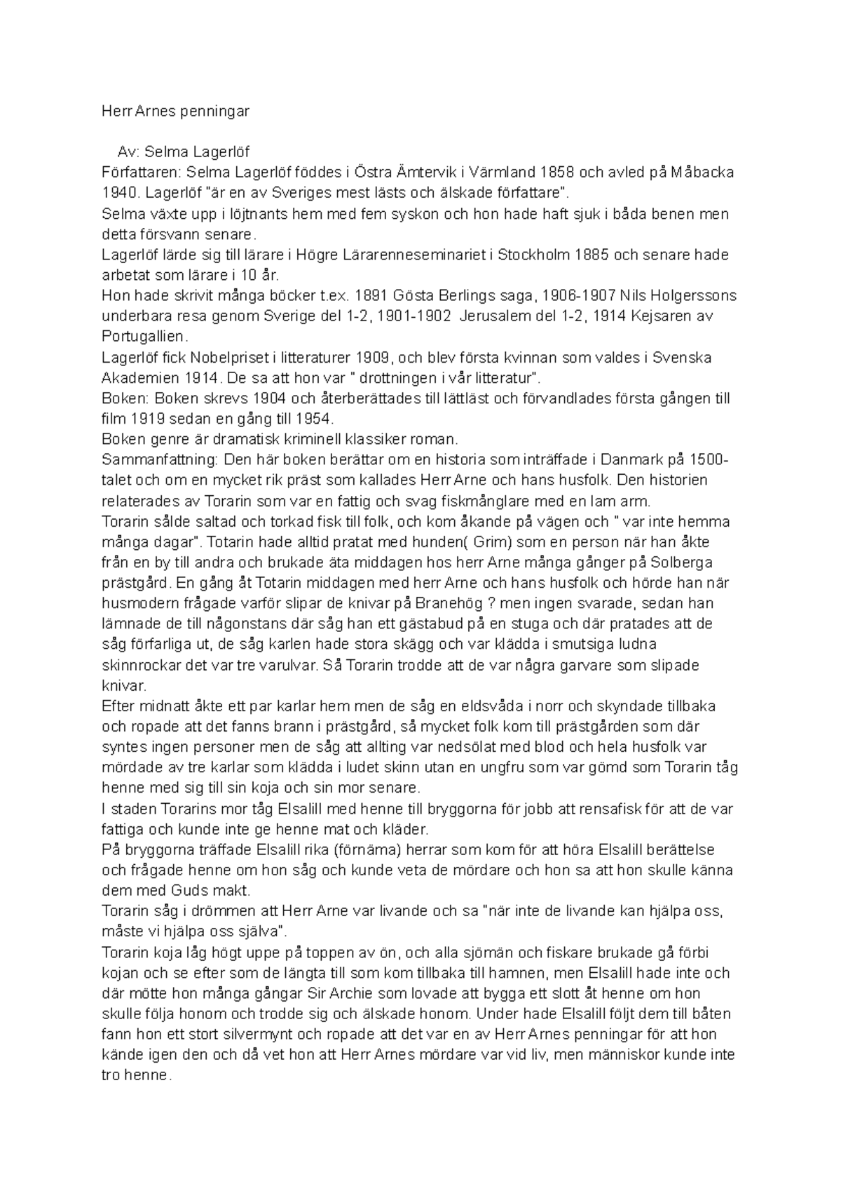 Herr arnes penningar - Herr Arnes penningar Av: Selma Lagerlöf ...
