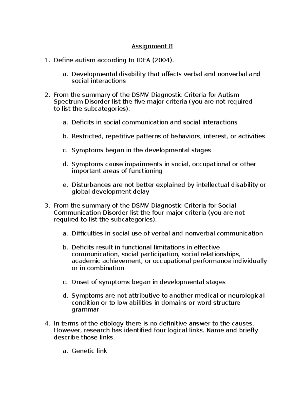 Assignment 8 - Special populations-R. Bonnette - Assignment 8 Define autism according to IDEA ...