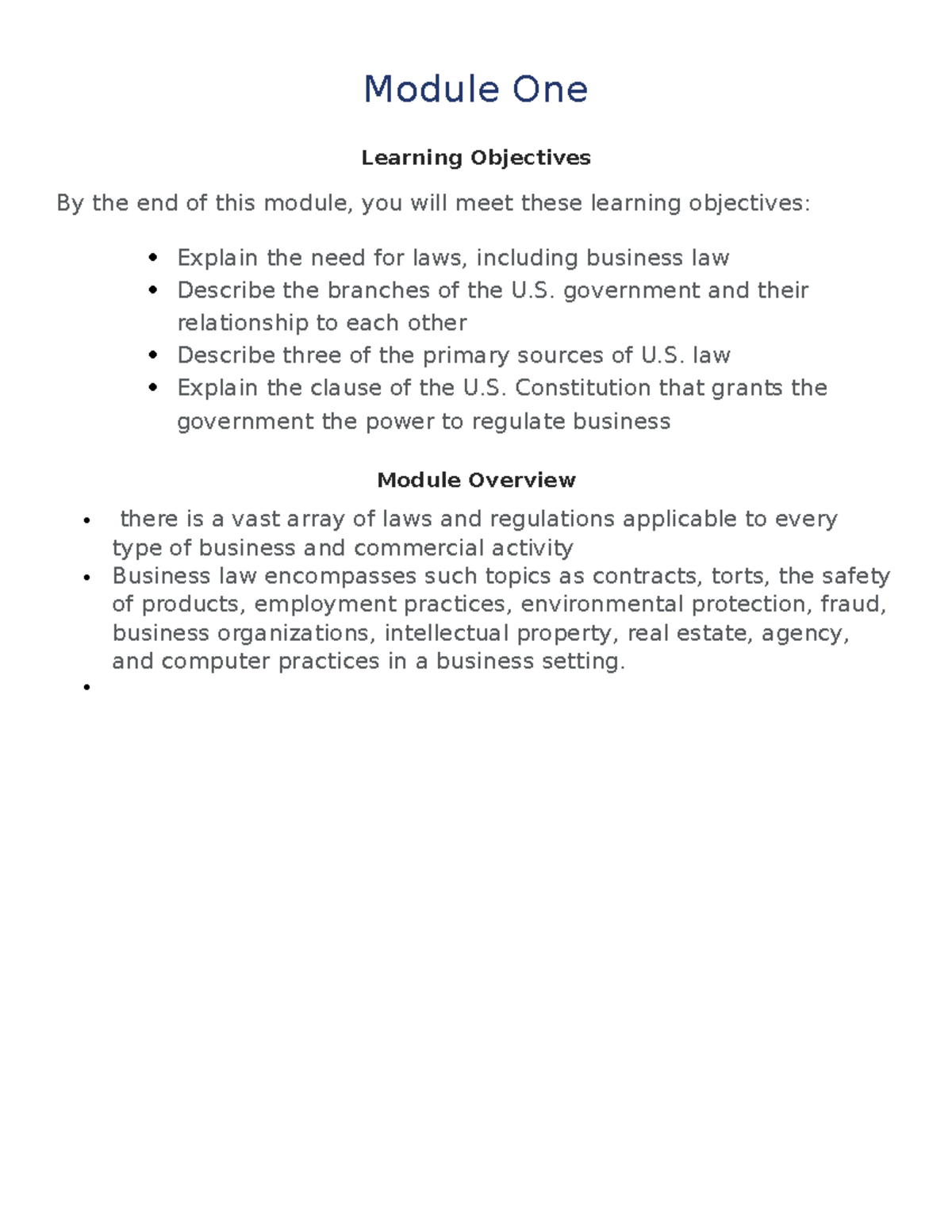 Module 1 - Notes - Module One Learning Objectives By the end of this ...