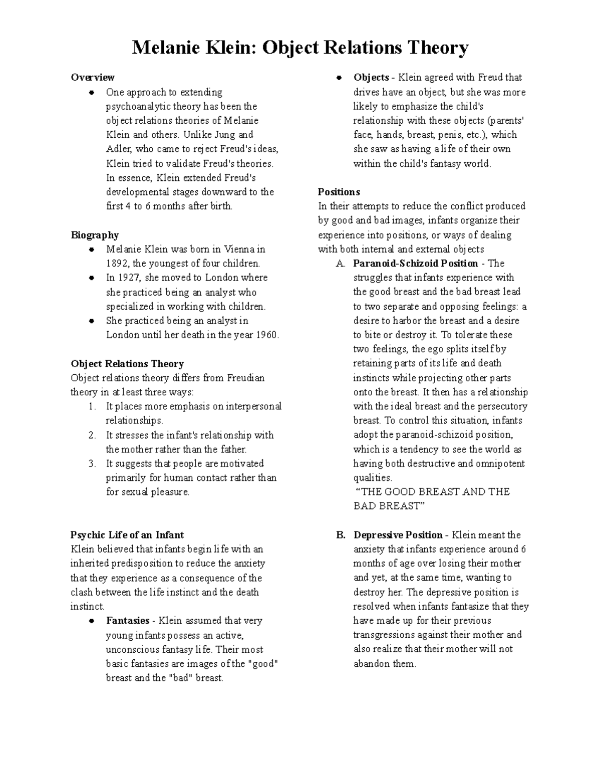 Melanie Klein- Object Relations Theory - Melanie Klein: Object Relations Theory Overview One ...