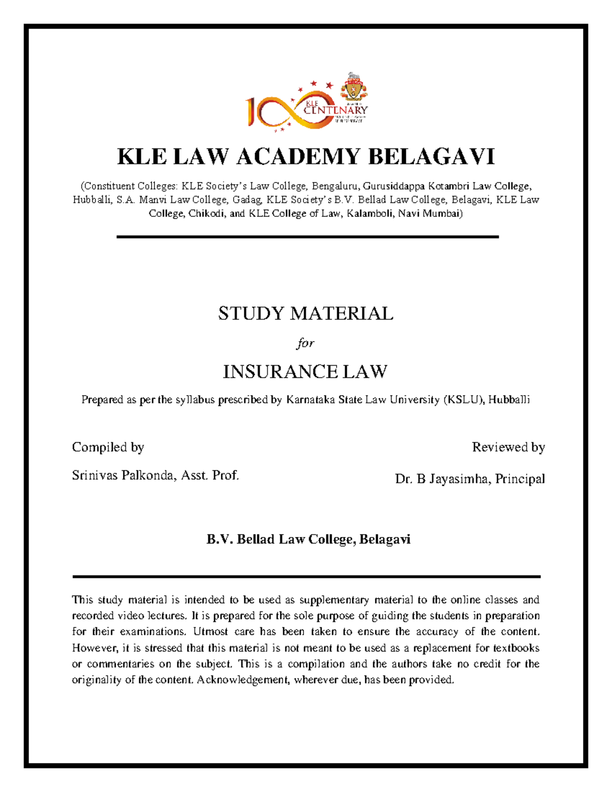 Insurance Law - LLB Notes - Lecture Notes - KLE LAW ACADEMY BELAGAVI ...