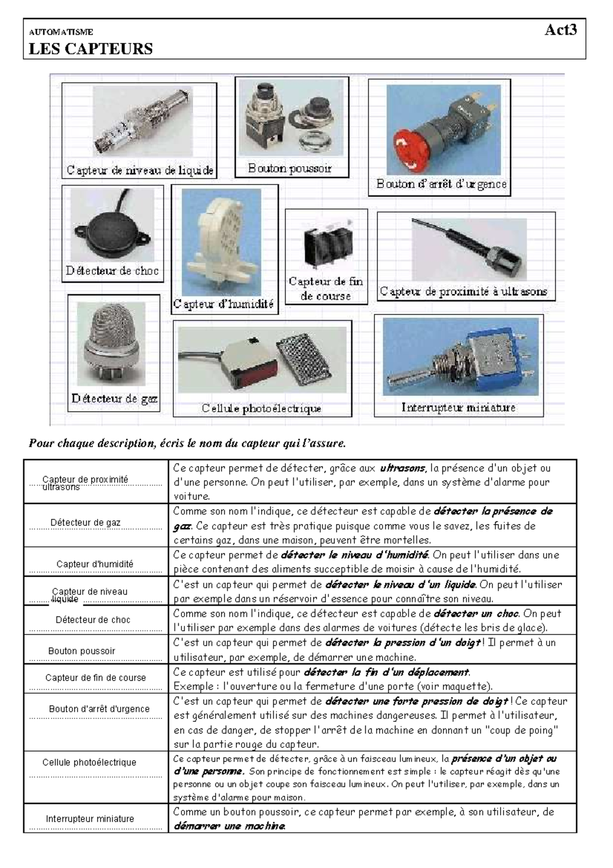 Sujet 2 Exercice 1 capteurs actionneurs Corrigé - AUTOMATISME Act LES ...