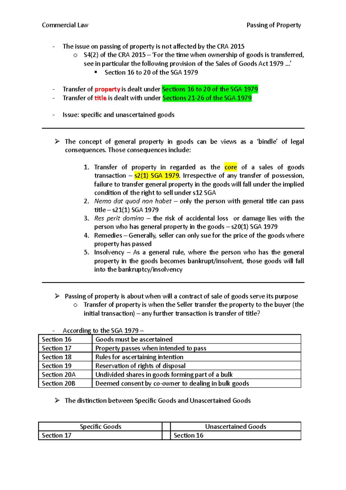 Law 318 Passing of Property - Commercial Law Passing of Property The ...