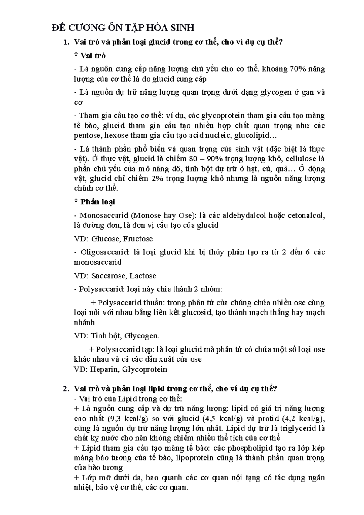 ĐỀ CƯƠNG ÔN TẬP HÓA SINH - ggg - ĐỀ CƯƠNG ÔN TẬP HÓA SINH Vai trò và ...