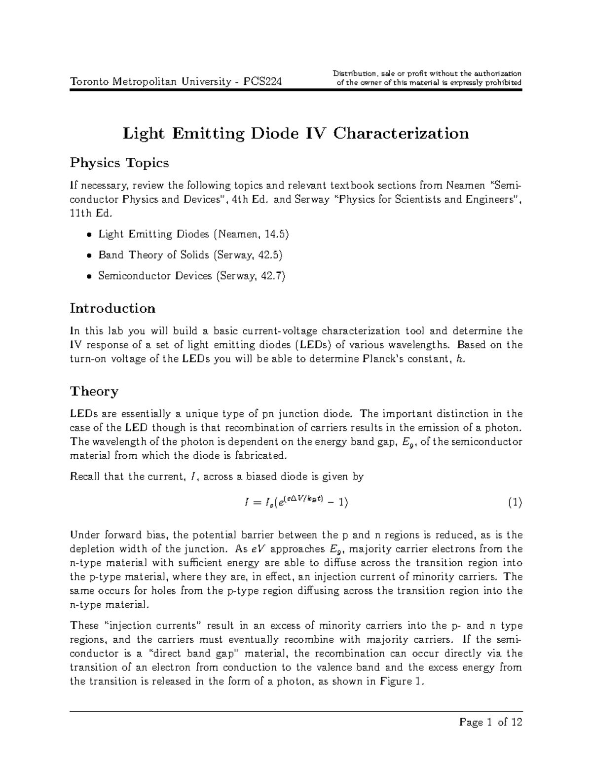 Lab 4 - Light Emitting Diode IV Characterization - Toronto Metropolitan ...