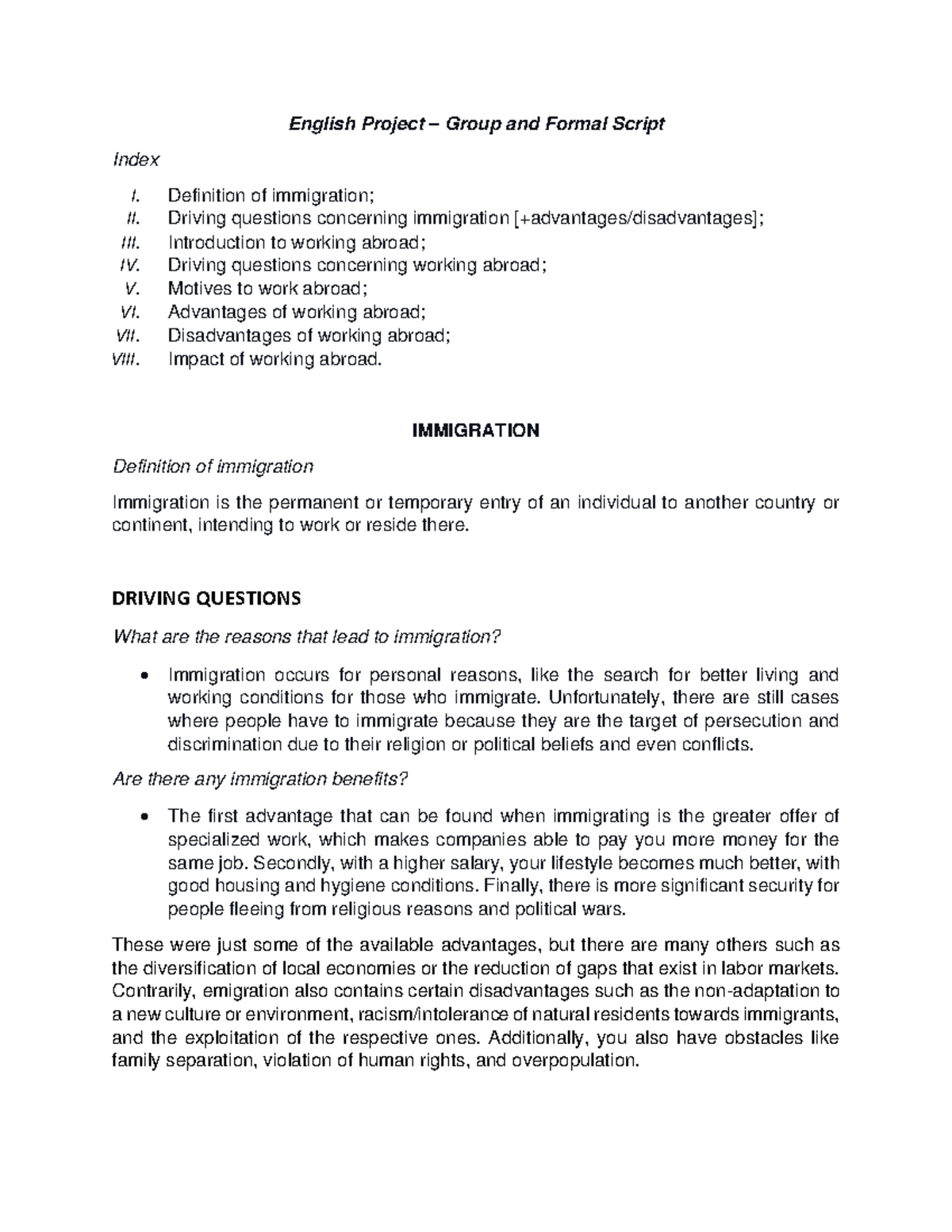 Immigration Script - English Project – Group and Formal Script Index I ...