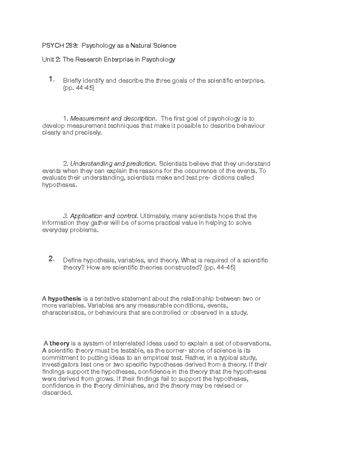 Unit 2 Psych 289 Psychology as a Natural Science - PSYCH 289 ...