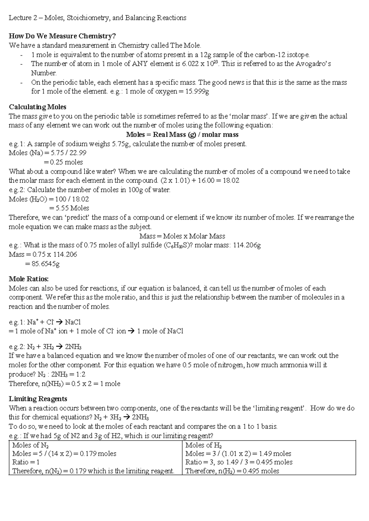 CHEM Lecture Notes 2 & 3 - Lecture 2 – Moles, Stoichiometry, and ...