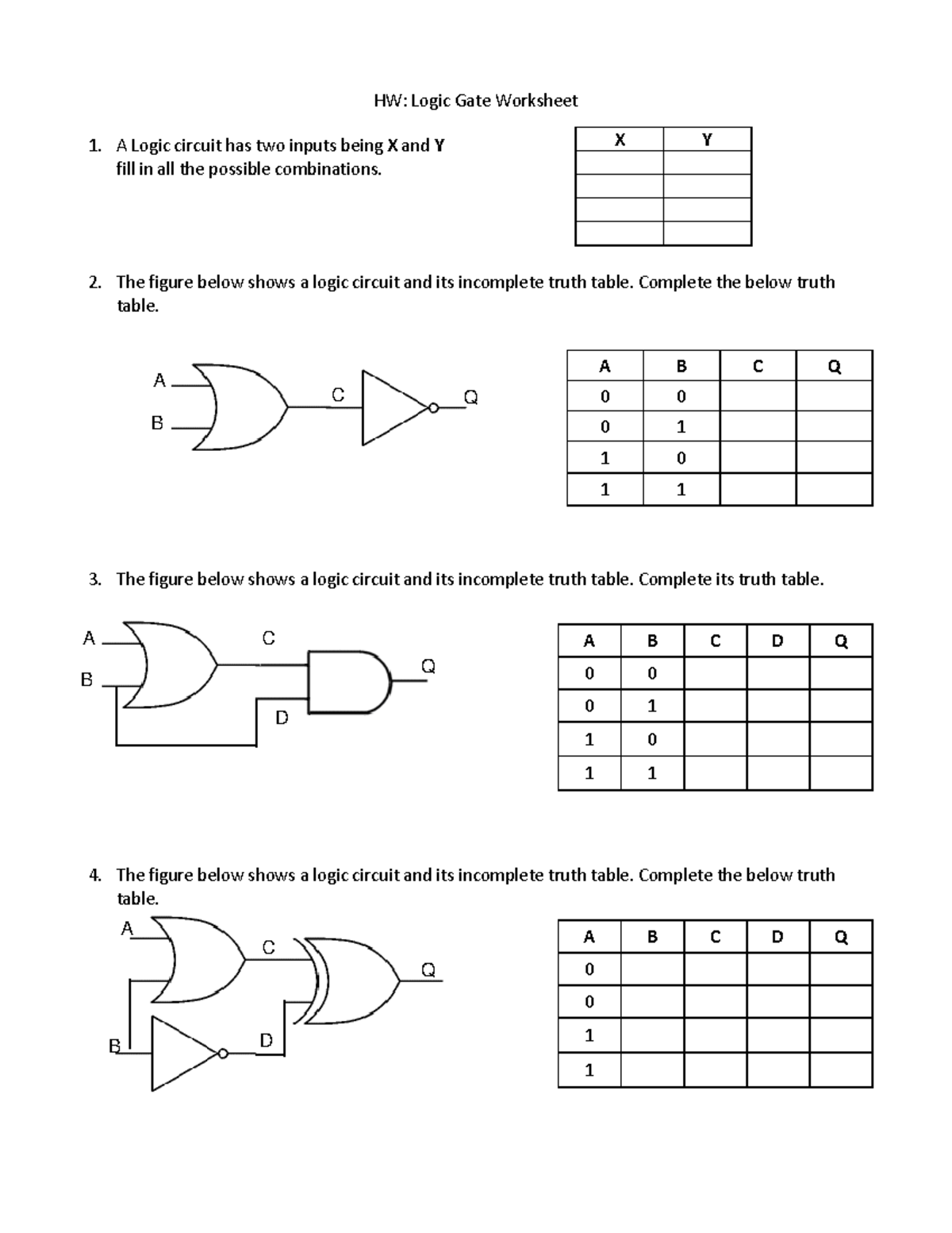 Logic Gate Worksheet - The figure below shows a logic circuit and its incomplete truth table ...