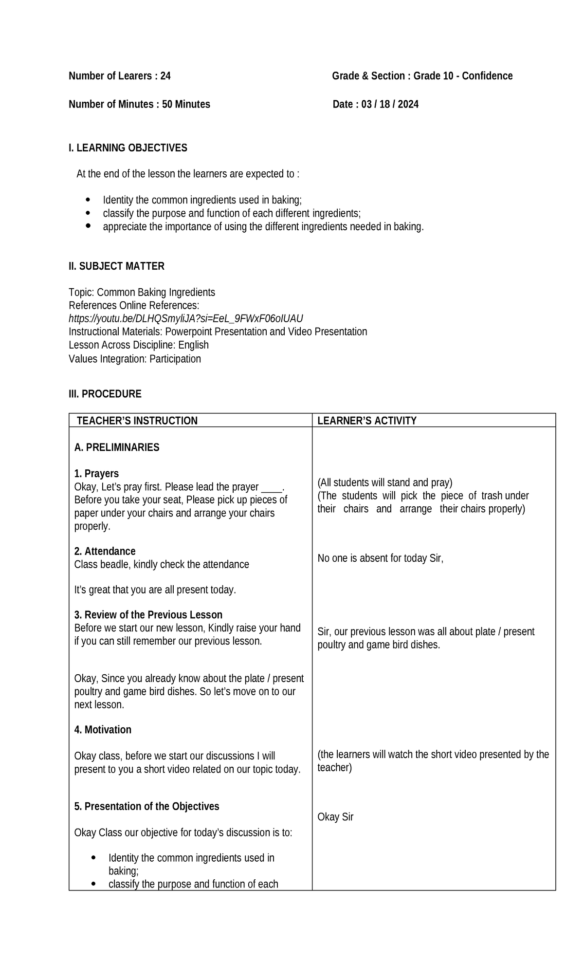 Common Baking Ingredients - Number of Learers : 24 Grade & Section ...