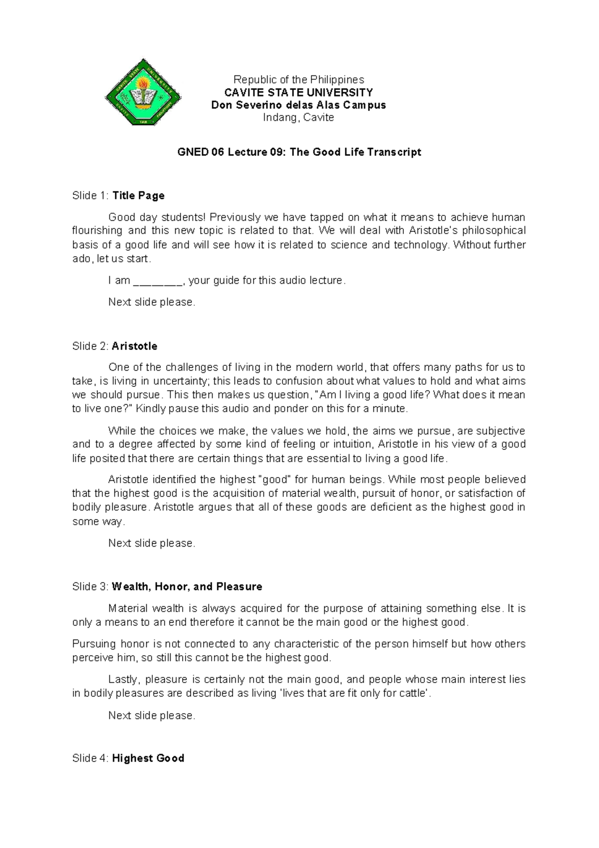 GNED 06 Lecture 9 Transcript - Republic of the Philippines CAVITE STATE UNIVERSITY Don Severino ...