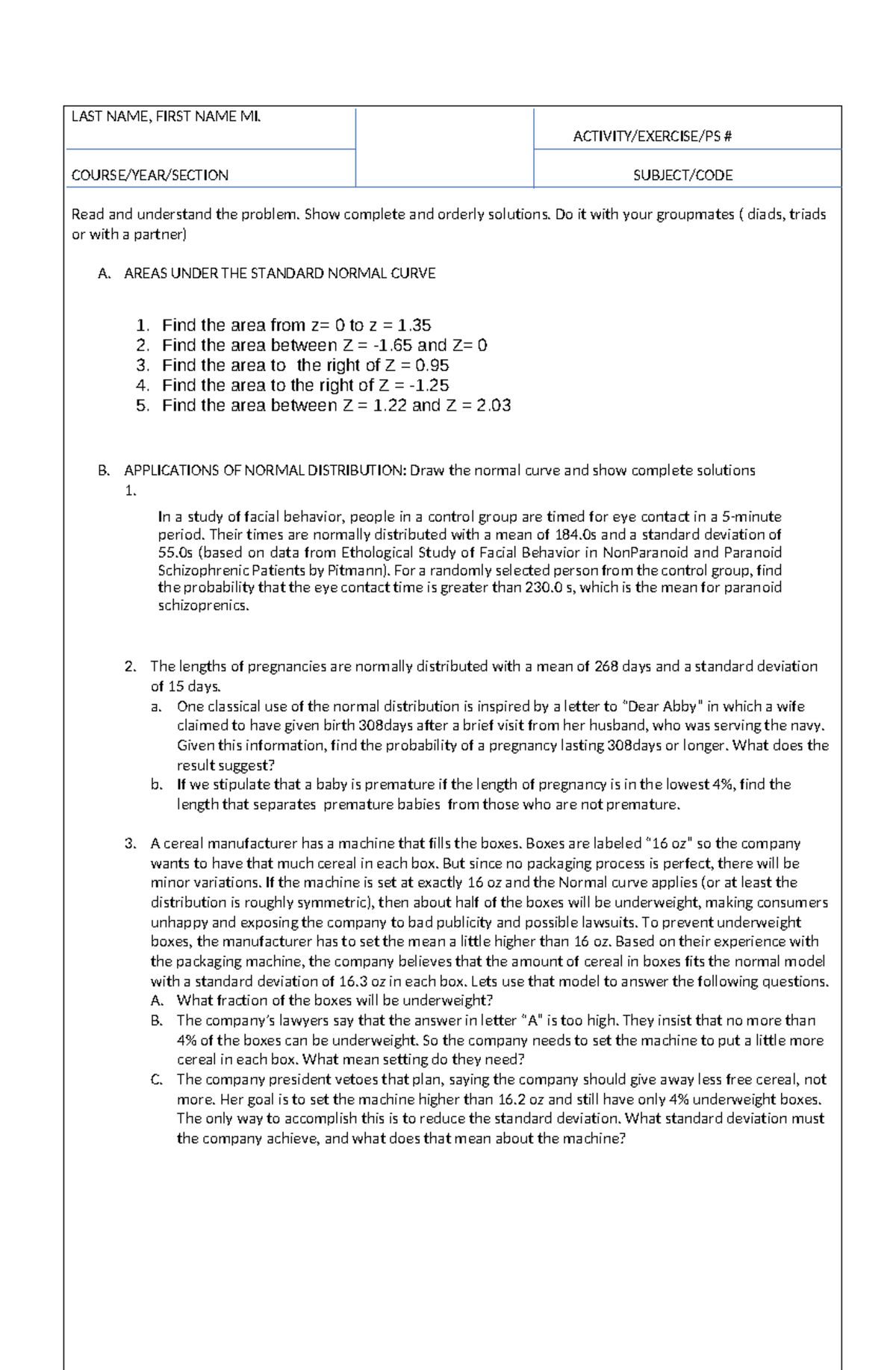 Problem SET 1 Normal Distribution - LAST NAME, FIRST NAME MI. ACTIVITY ...