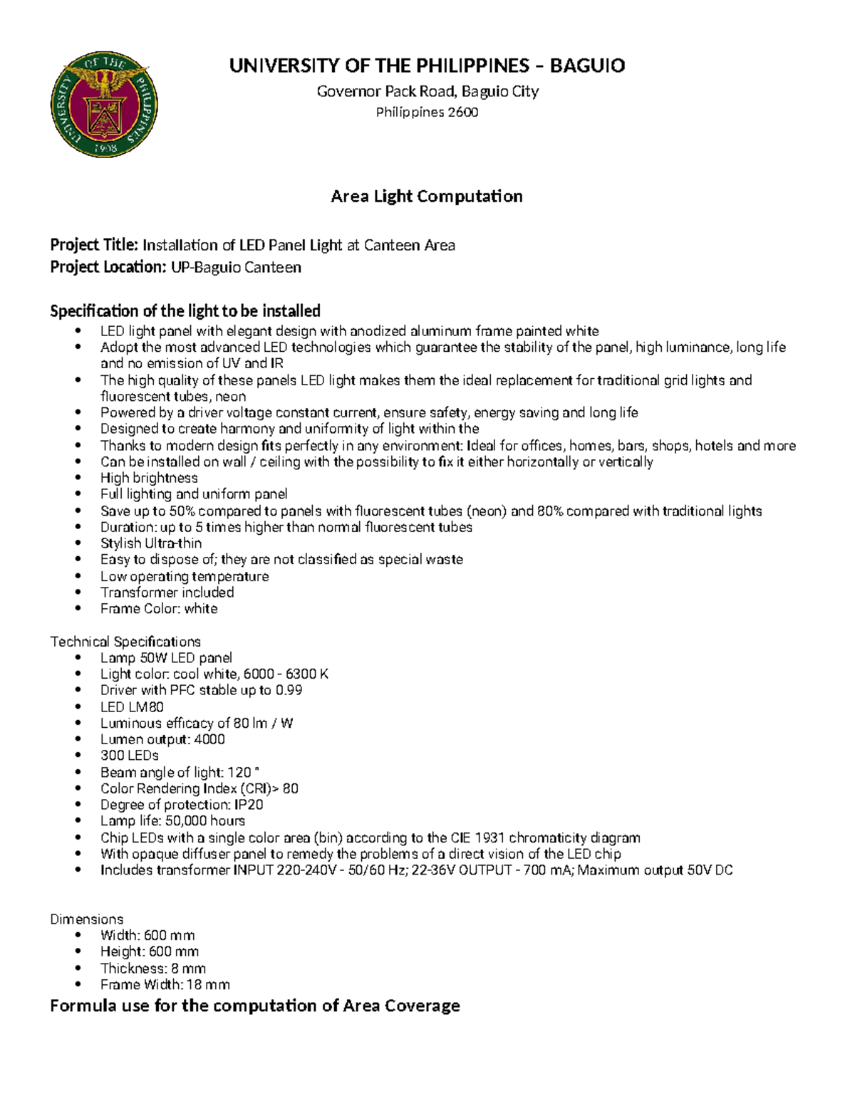Computation of light area coverage - UNIVERSITY OF THE PHILIPPINES ...
