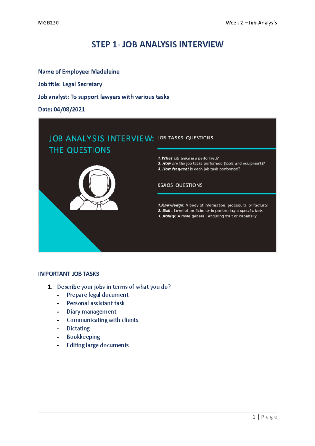 1 Step 1 Job analysis interview Practical - MGB230 - QUT - Studocu