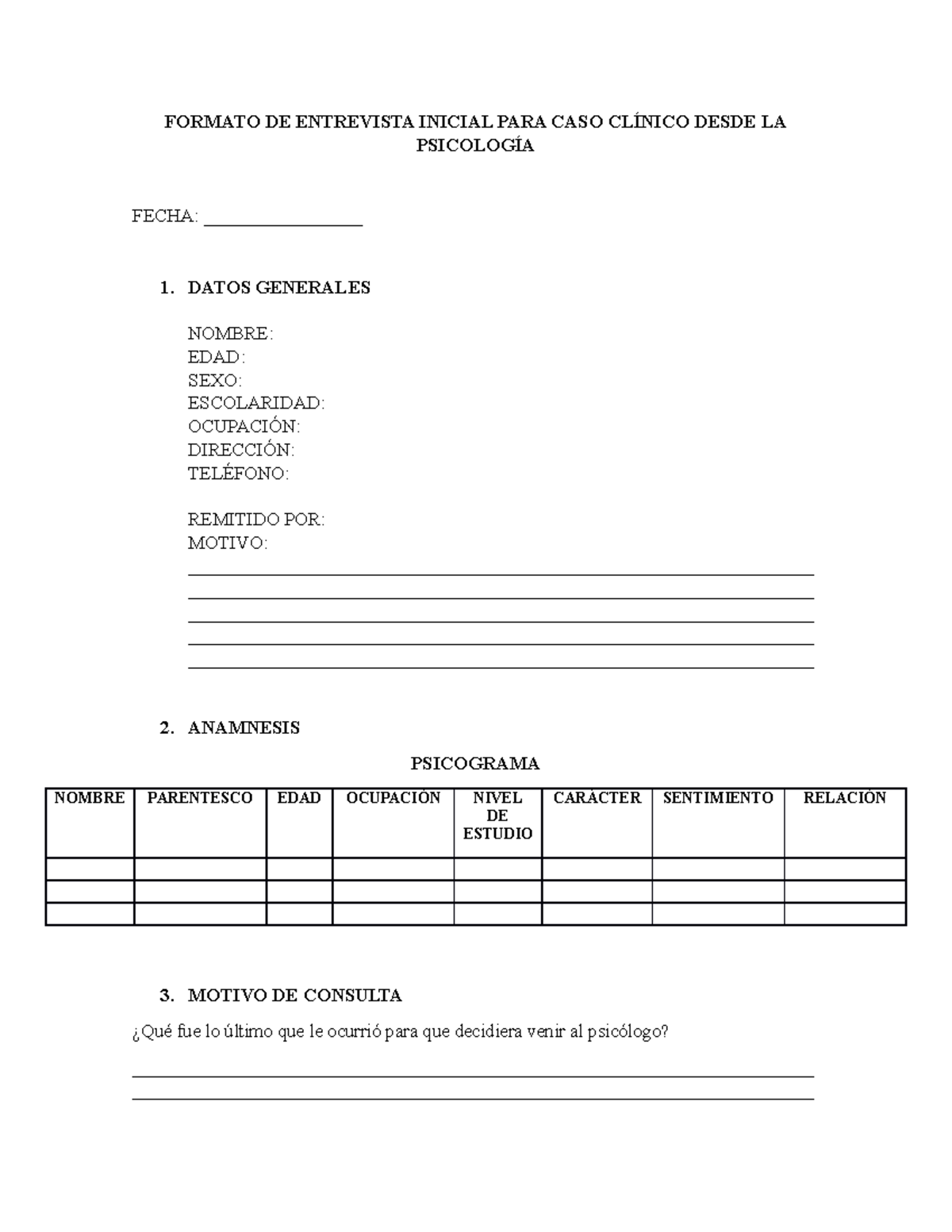 Formato DE Entrevista Inicial PARA CASO Clinico Desde LA Psicologia ...