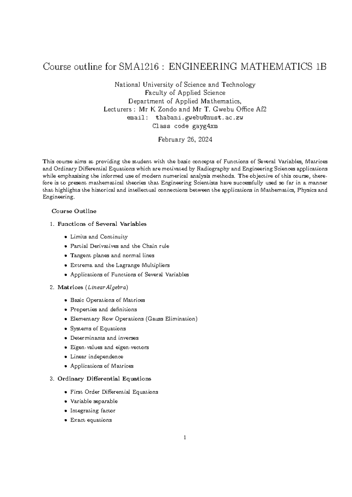 SMA1216 Course Outline - Course outline for SMA1216 : ENGINEERING ...