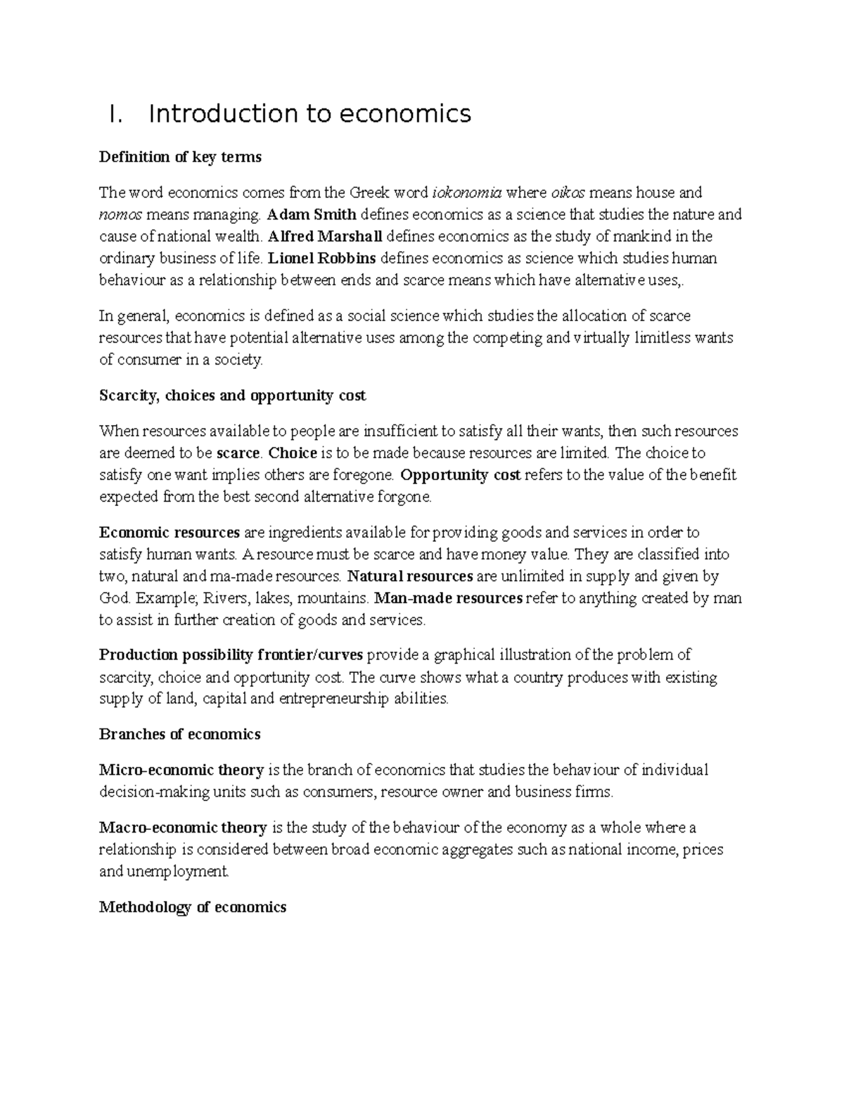 Introduction to economics - I. Introduction to economics Definition of ...