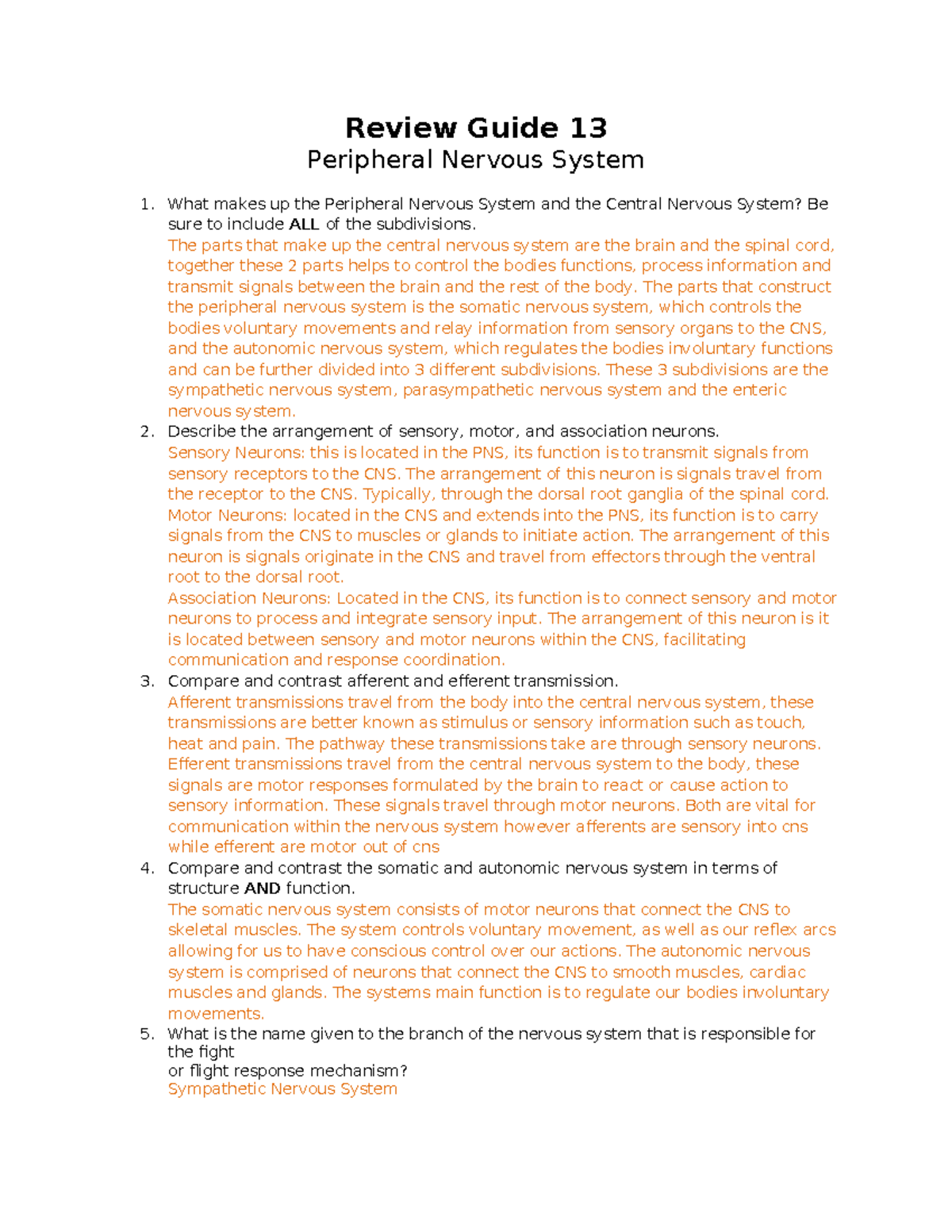 Review Guide 13 - Peripheral Nervous Systemm - Review Guide 13 Peripheral Nervous System What ...