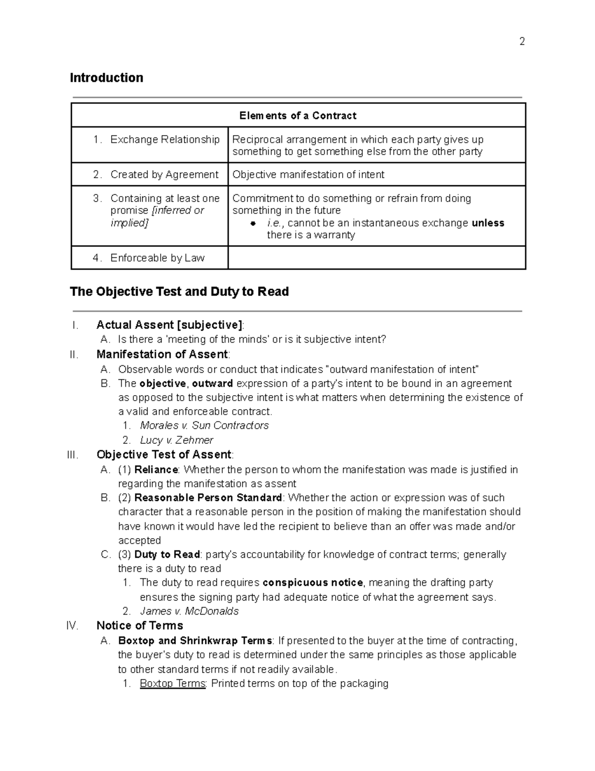 Contracts Outline Fall 2023 - Introduction Elements of a Contract ...