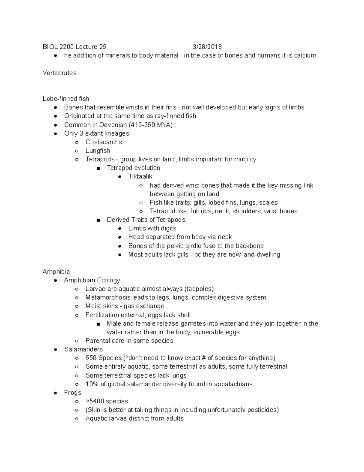 Birds and Amphibians - Lecture notes 25 - BIOL 2200 Lecture 25 3/28 ...