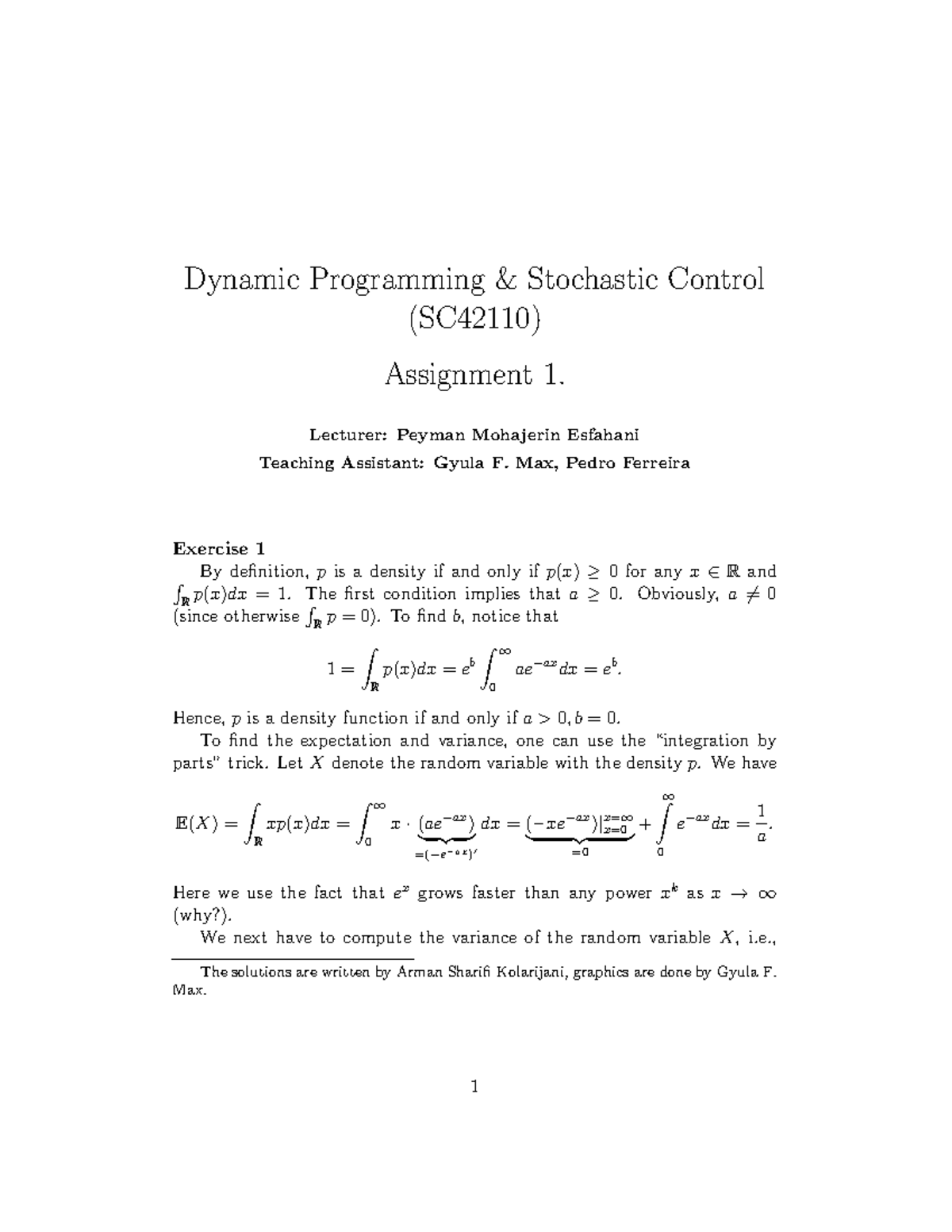 Sol 01 Solution 1 Dynamic Programming And Stochastic Control Sc42110 Assignment 1 Lecturer