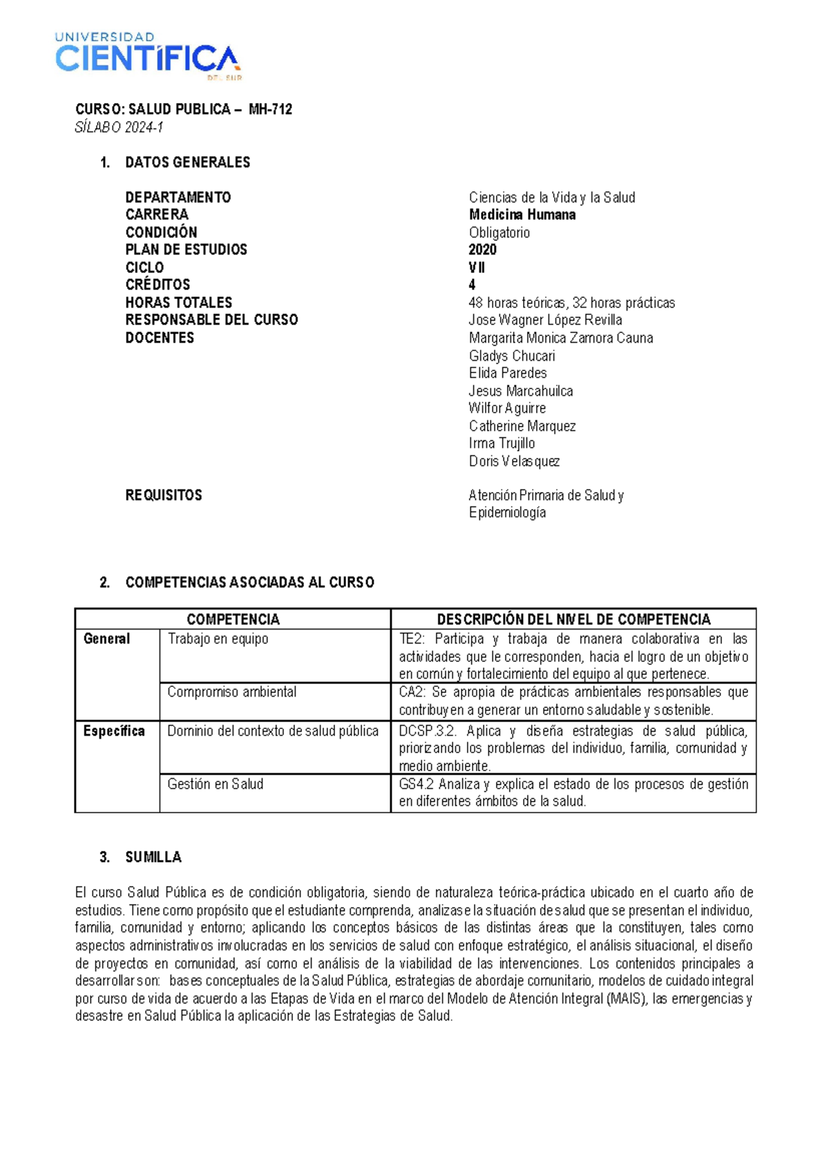 Salud Pública MH-712 2024-1 - CURSO: SALUD PUBLICA – MH- 712 SÍLABO 2024 - 1 1. DATOS GENERALES ...