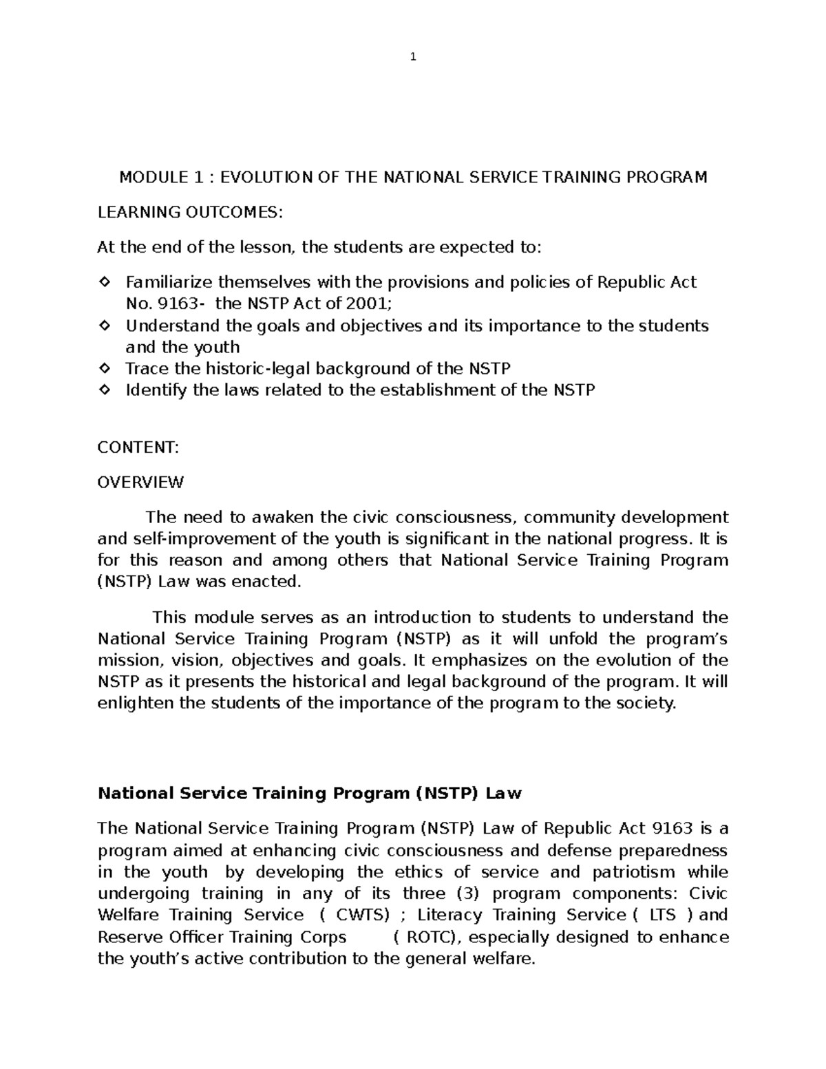 Ch 1 - Lecture notes 1-1 - MODULE 1 : EVOLUTION OF THE NATIONAL SERVICE ...