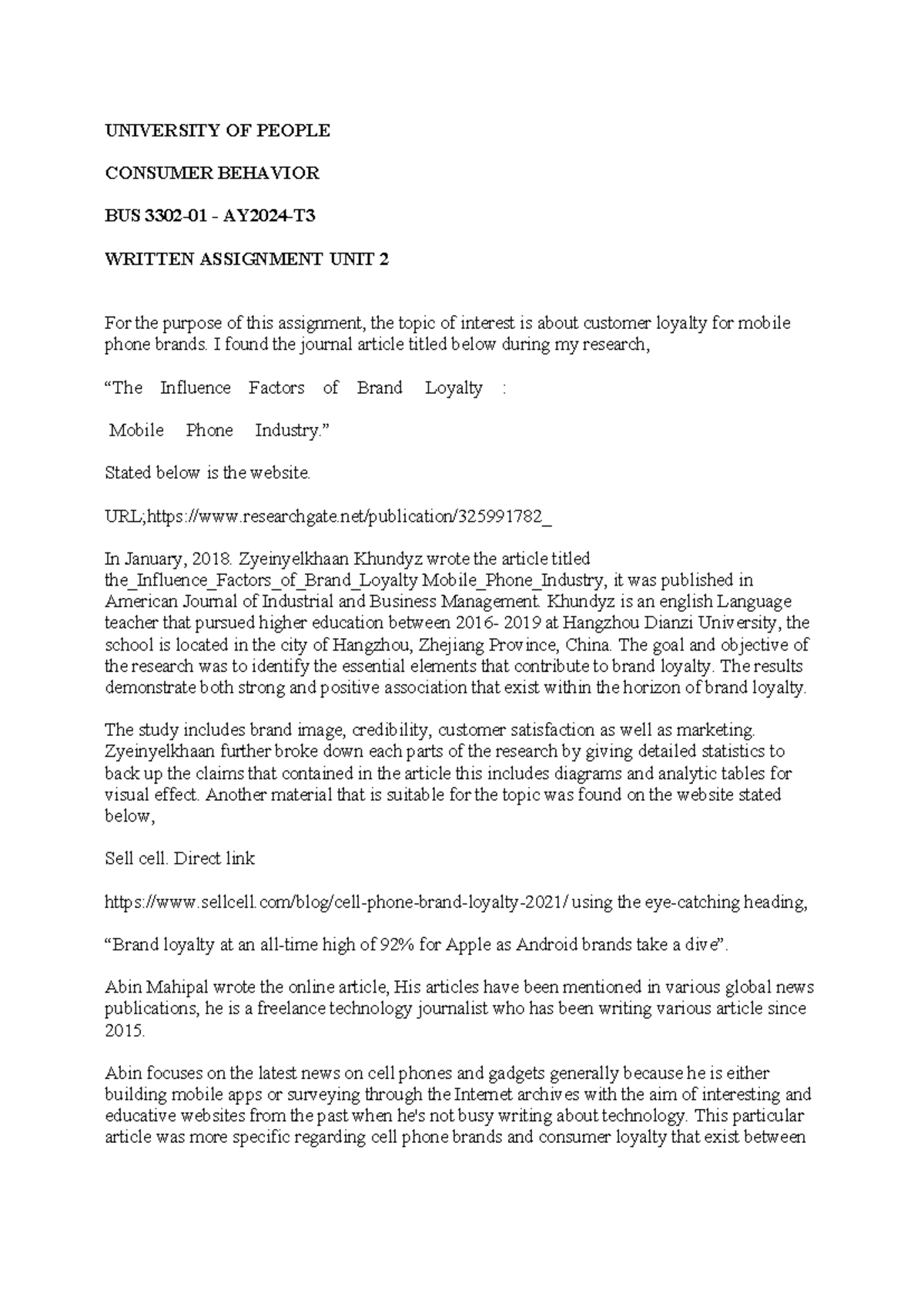 BUS 3302 Written Assignment - UNIVERSITY OF PEOPLE CONSUMER BEHAVIOR BUS 3302-01 - AY2024-T ...