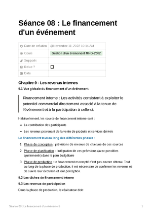 Gestion d'un événement - Notes - Séance 1: Qu’est-ce qu’un évent? Les ...