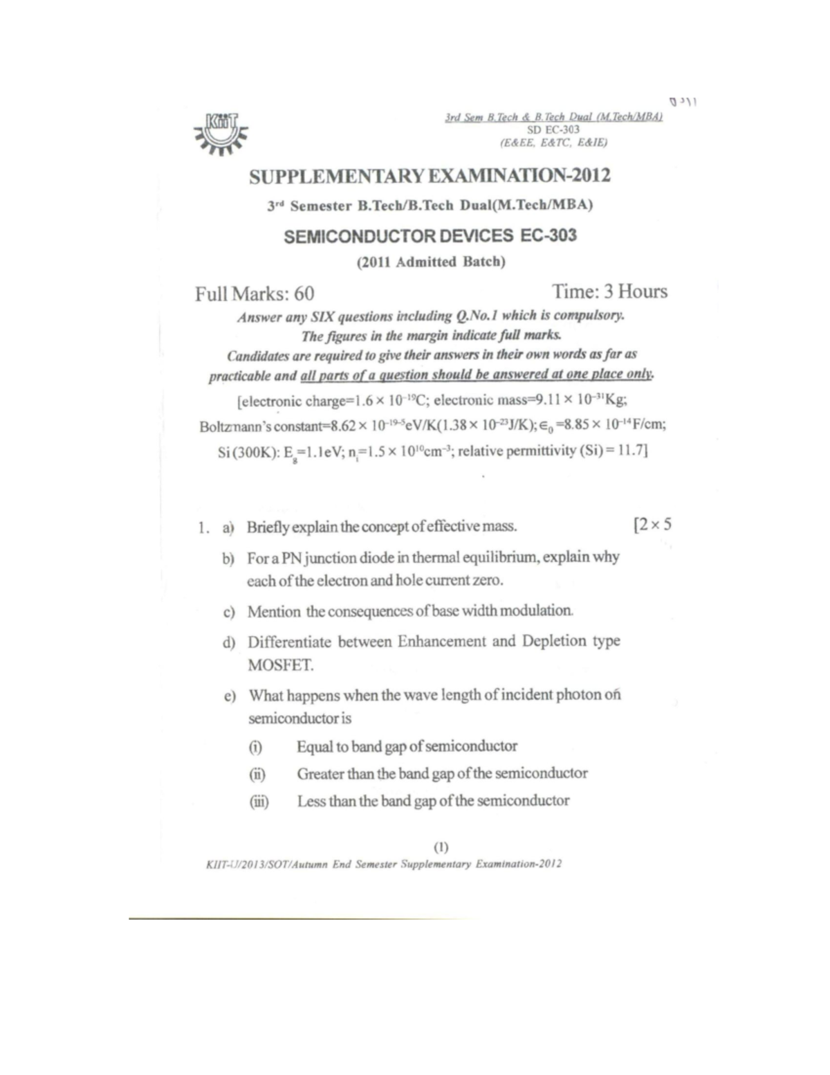3rd EEE ,Semiconductor Device(EC-303)Supplementary Examination(2011 Adm. Batch)-2012 - Studocu