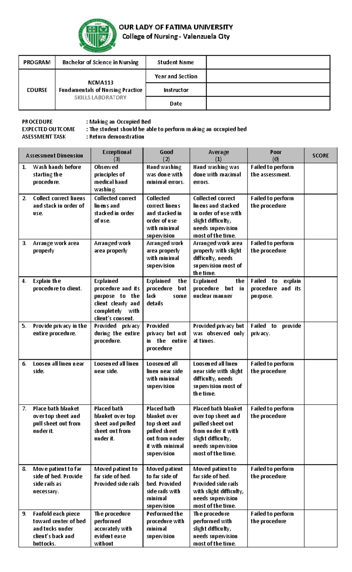 Funda Rubrics Occupied Bed Making - OUR LADY OF FATIMA UNIVERSITY ...
