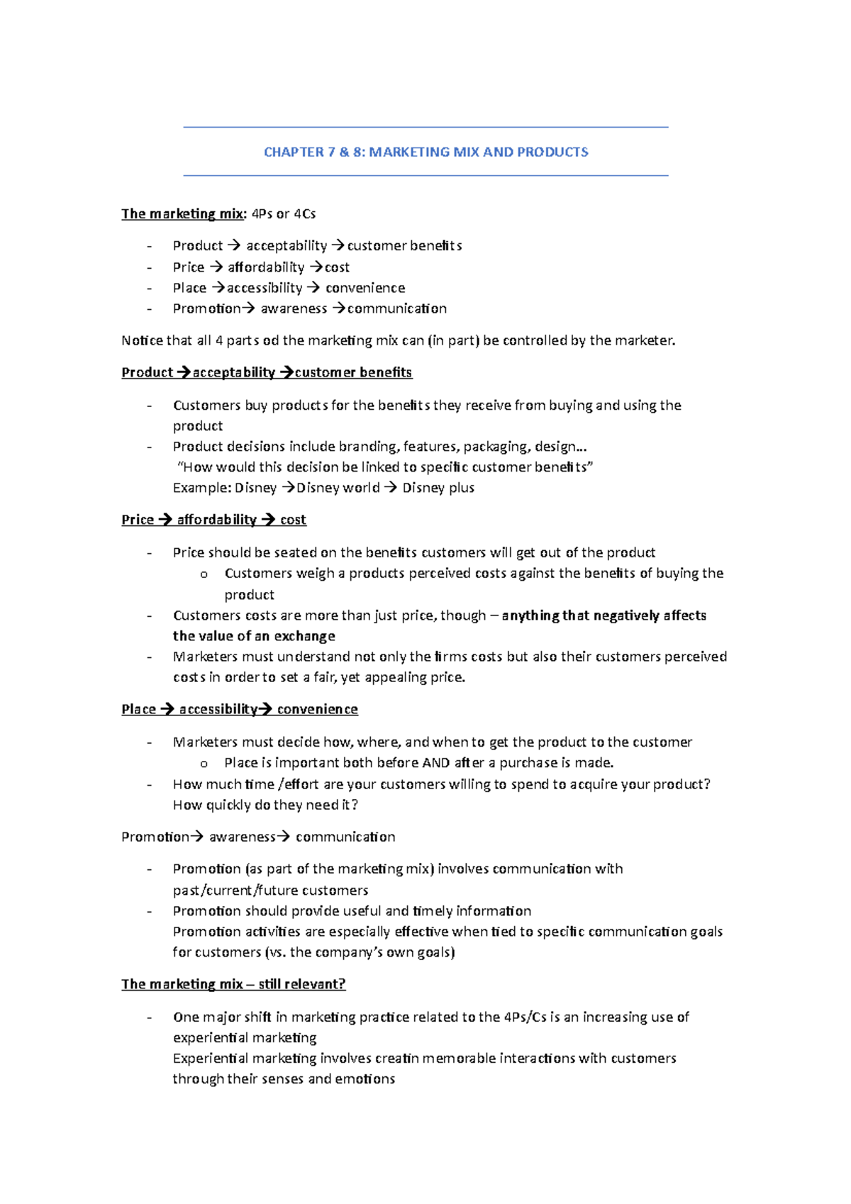 Chapter 7 - notes taken in class - CHAPTER 7 & 8: MARKETING MIX AND ...