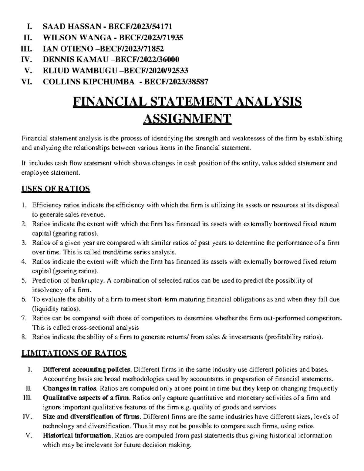 FM 1 Group CAT Assignment - I. SAAD HASSAN - BECF/2023/ II. WILSON WANGA - BECF/2023/ III. IAN ...