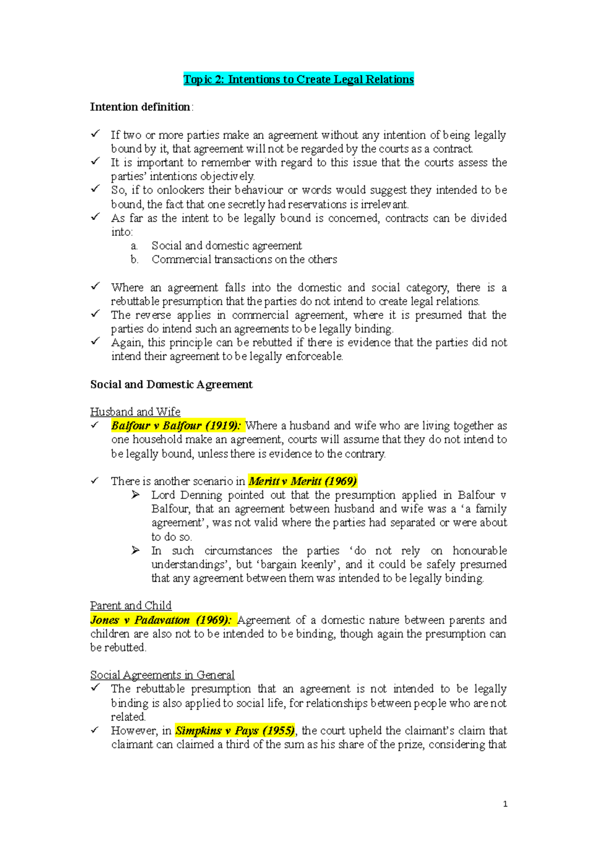 Topic 2, Intentions to Create Legal Relations - Topic 2: Intentions to ...