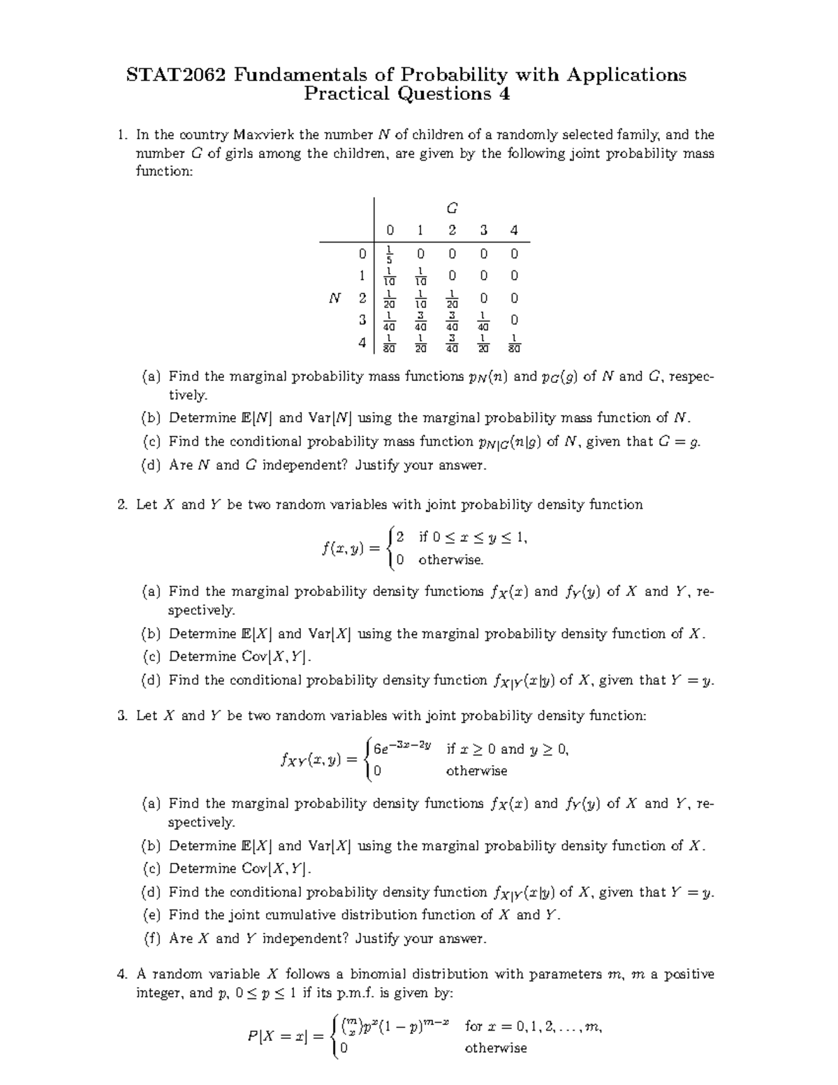 2022 Tutorial 4 - STAT2062 Fundamentals of Probability with Applications Practical Questions 4 ...