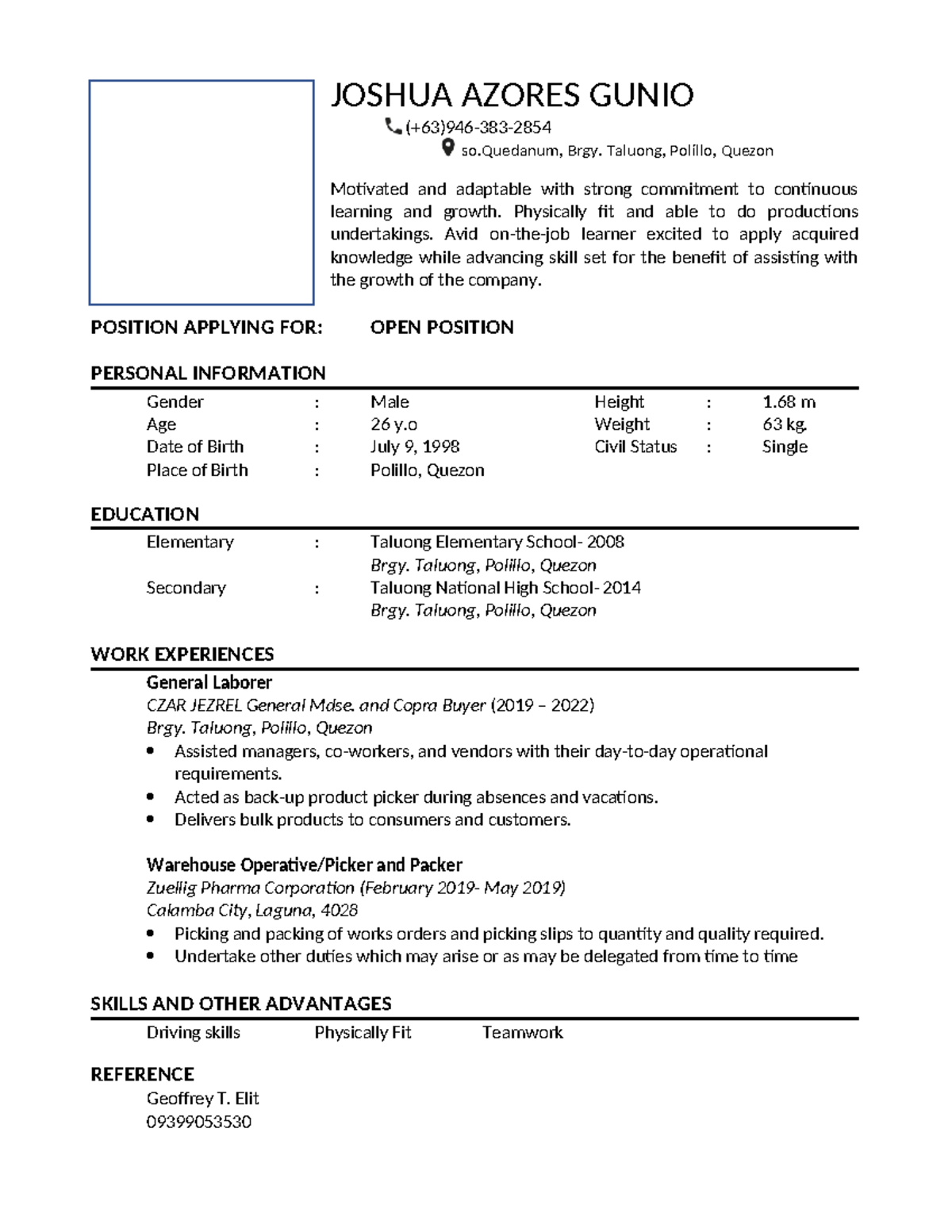 Resume- Joshua Azores Gunio - JOSHUA AZORES GUNIO (+63)946-383- so ...