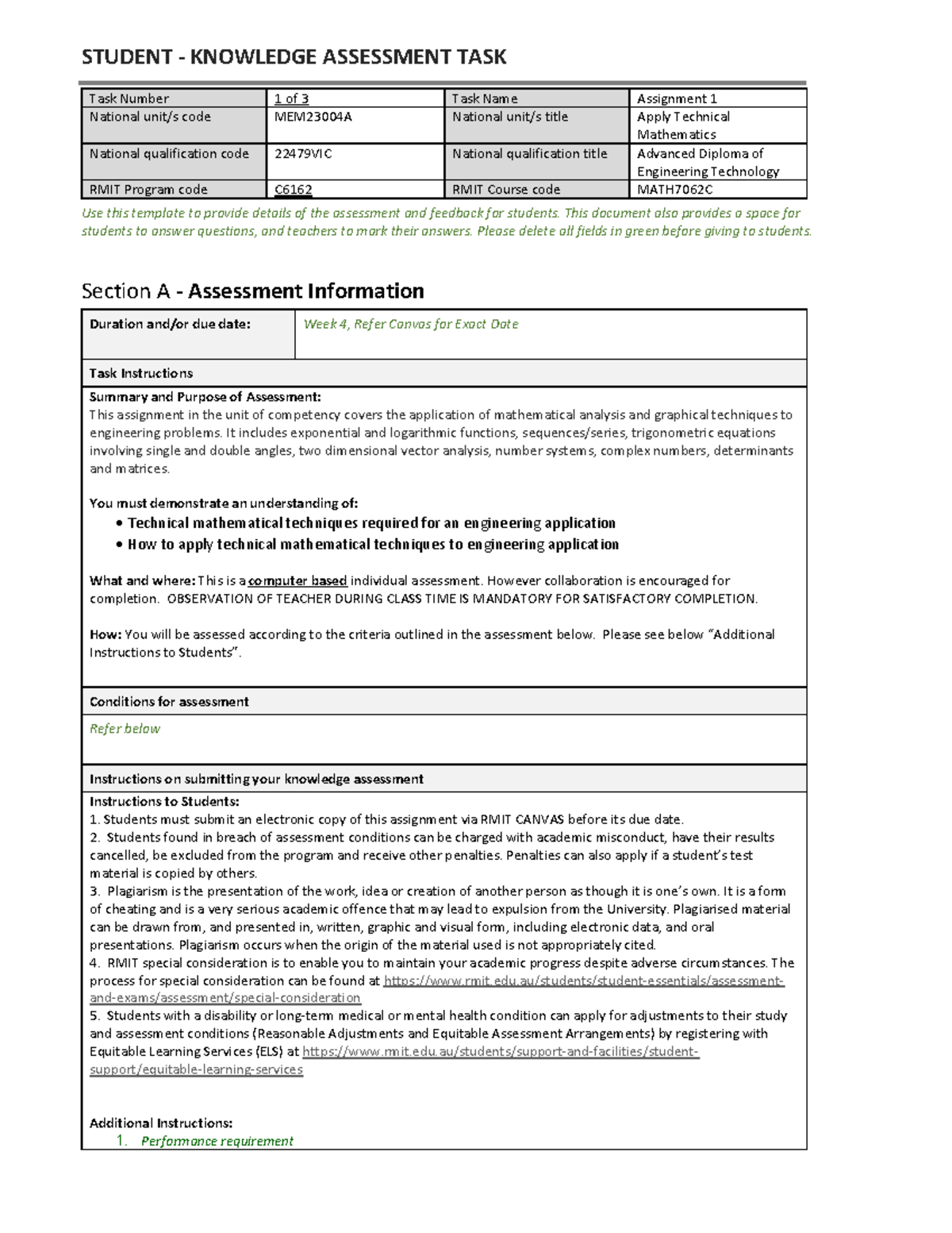 Tech Math assignment 1 - STUDENT - KNOWLEDGE ASSESSMENT TASK Task Number 1 of 3 33333 Task Name ...