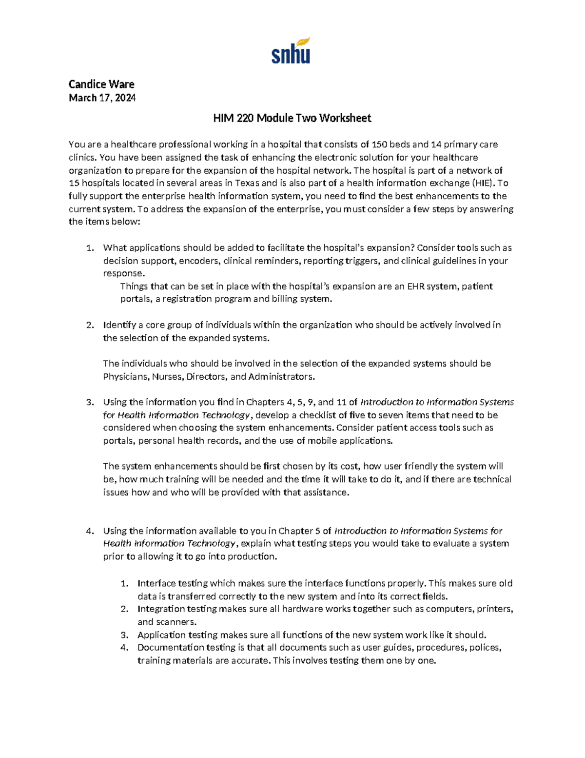 HIM 220 Module Two Worksheet - Candice Ware March 17, 2024 HIM 220 ...