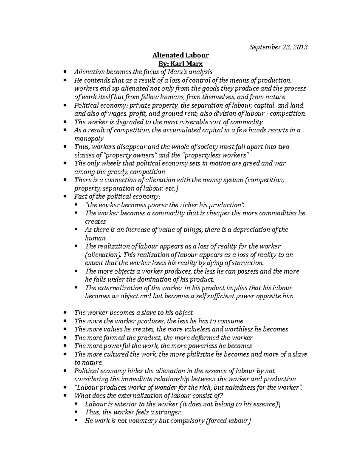 September 23 - Alienated Labour By Karl Marx - September 23, 2013 ...